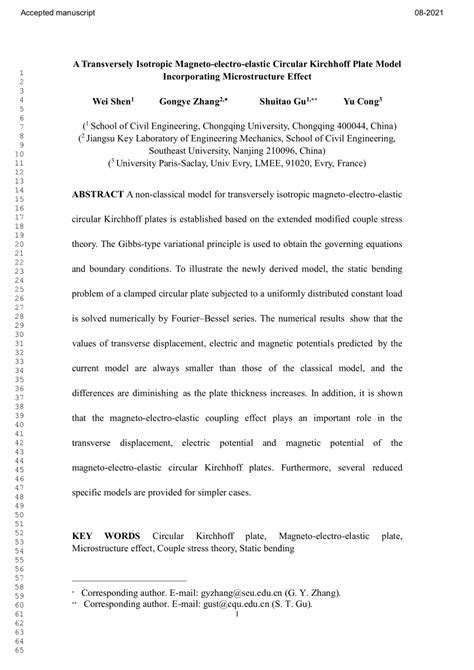 Pdf A Transversely Isotropic Magneto Electro Elastic Circular Kirchhoff Plate Model