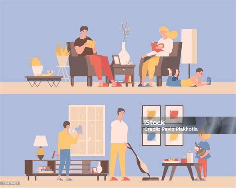 홈 벡터 플랫 일러스트레이션에서 함께 시간을 보내게 됩니다 남자와 여자는 책을 읽고 아파트를 청소 아이에 대한 스톡 벡터 아트 및 기타 이미지 Istock