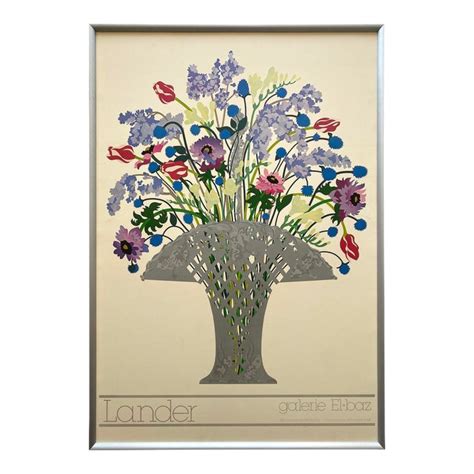 John Lander Vintage 1980s Contemporary Lithograph Print Bouquet Basket Framed Large Gallery