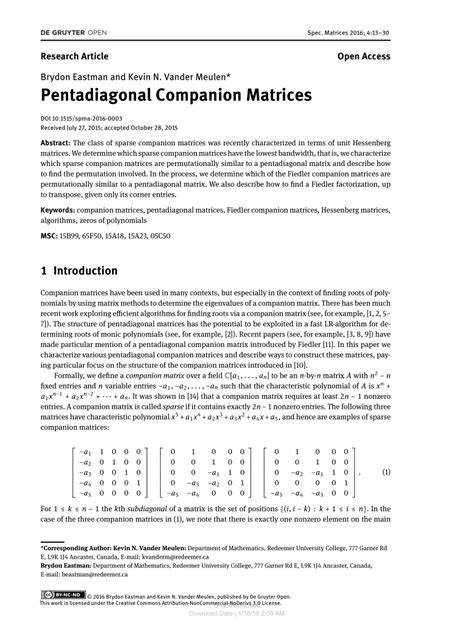 Pdf Pentadiagonal Companion Matrices
