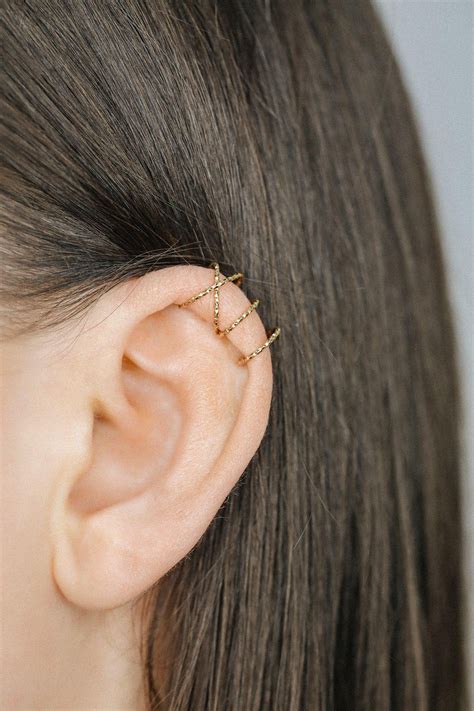 Gold Diamond Cut Helix Ear Cuff Set • Criss Cross And Double Line Ear