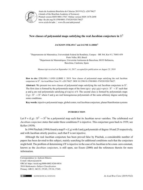 Pdf New Classes Of Polynomial Maps Satisfying The Real Jacobian