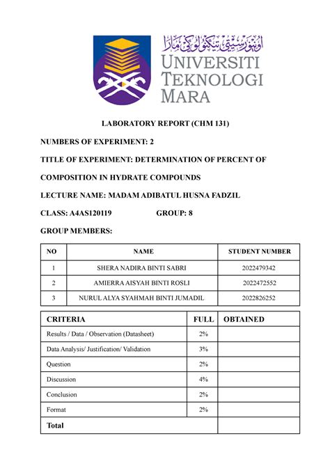 LAB CHM EXP 2 CHM LABORATORY REPORT CHM 131 NUMBERS OF EXPERIMENT 2 TITLE OF EXPERIMENT