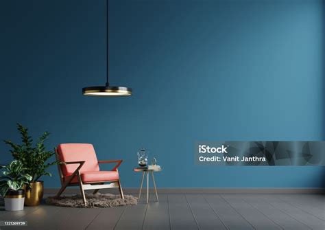 어두운 벽 배경에 빨간 가죽 안락 의자가있는 파란색 톤의 내부 벽 모형 3차원 형태에 대한 스톡 사진 및 기타 이미지 3차원 형태 컷아웃 거실 Istock