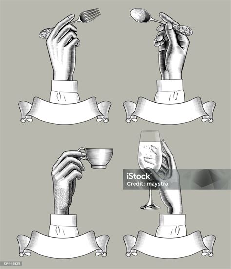 복고풍 리본 배너 위에 숟가락 포크 커피 컵 포도 나무 유리를 들고 손을 잡고 포크에 대한 스톡 벡터 아트 및 기타 이미지 포크 손 고풍스런 Istock