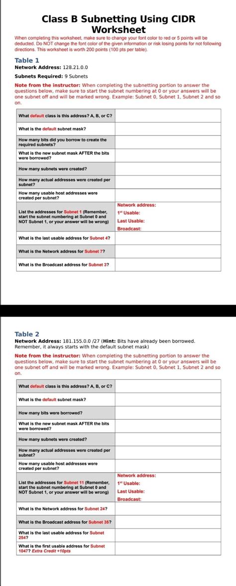 Solved Class B Subnetting Using CIDR Worksheet When Chegg