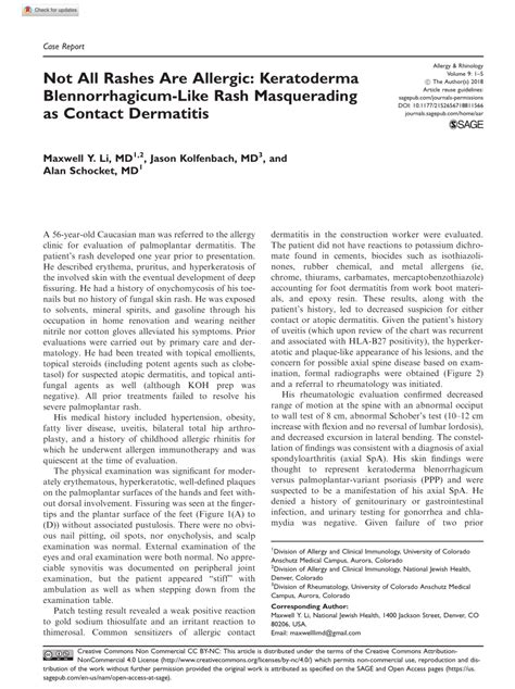 Pdf Not All Rashes Are Allergic Keratoderma Blennorrhagicum Like Rash Masquerading As Contact