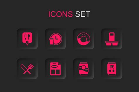 세트 레스토랑 카페 메뉴 시계 배달 카페 및 레스토랑 위치 소다 캔 커피 컵 도넛 및 교차 나이프 포크 아이콘 벡터 고풍스런에 대한 스톡 벡터 아트 및 기타 이미지 Istock