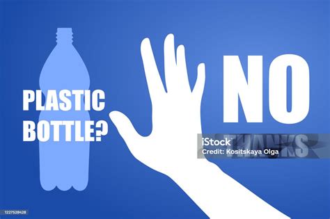 생태 포스터입니다 파란색 플라스틱 병과 흰색 손 기호로 구성된 배너가 파란색 배경에 멈춥니다 플라스틱 병 아니 감사 플랫 디자인 문제 플라스틱 오염 그만해 손짓에 대한 스톡