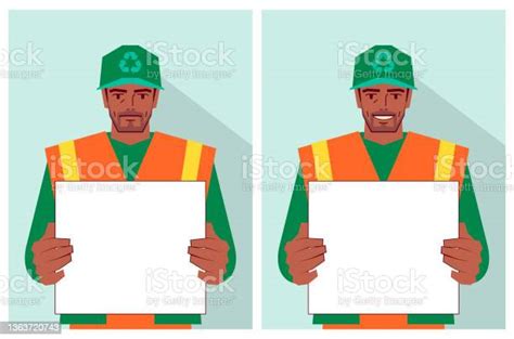 반사 조끼를 입은 젊은 위생 작업자가 두 가지 감정을 가진 빈 표지판을 들고 있습니다 2명에 대한 스톡 벡터 아트 및 기타 이미지 2명 건물 관리 서비스 경계 표지