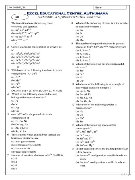 Ch 4 D And F Block Elements Pdf Transition Metals Lanthanide