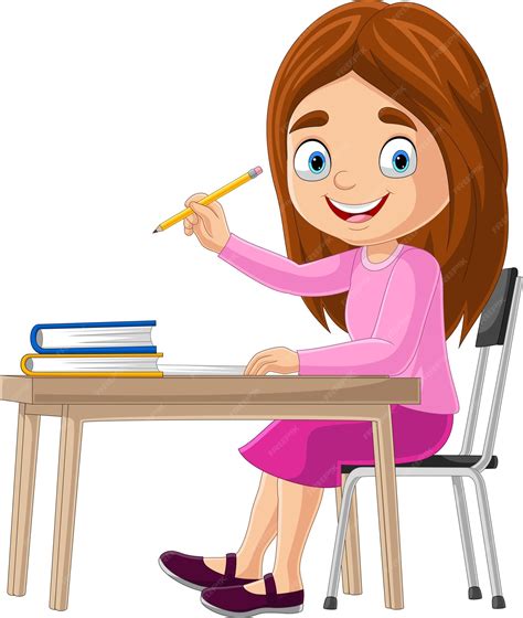 책상에서 공부하는 만화 어린 소녀 프리미엄 벡터