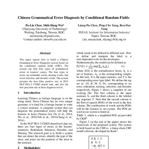Chinese Grammatical Error Diagnosis By Conditional Random Fields Acl Anthology