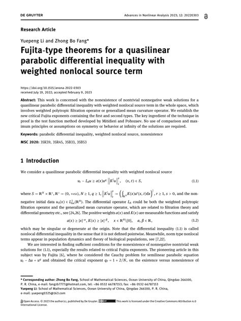 Pdf Fujita Type Theorems For A Quasilinear Parabolic Differential Inequality With Weighted