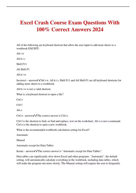 excel crash course exam questions with 100 correct answers 2024
