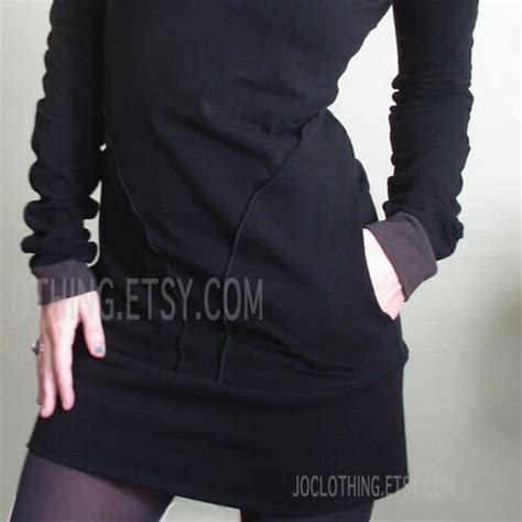 Hooded Tunic Dress With Pockets Black Cement Cuffs Etsy