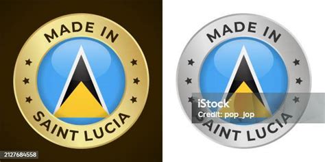 Saint Licia에서 제작 벡터 그래픽 둥근 금색과 은색 라벨 배지 엠블럼은 Saint Licia의 국기와 Saint