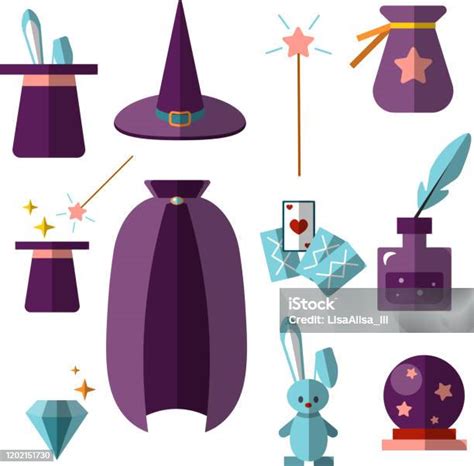 멋진 항목마술 환상 주의자 벡터 플랫 세트 마법 모자 토끼 지팡이 카드 크리스탈 공 및 할로윈 환상 파티다른 마법의 요소 마술사에 대한 스톡 벡터 아트 및 기타 이미지