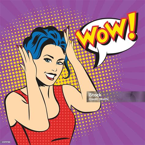 팝아트 여성 얼굴 만화 웃으세요 및 놀랍군요 풍선말 감정에 대한 스톡 벡터 아트 및 기타 이미지 감정 놀라움 립스틱 Istock