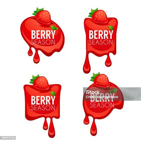 베리 시즌 광택과 광택 주스 스티커와 텍스트 딸기 기호 벡터 컬렉션 건강한 식생활에 대한 스톡 벡터 아트 및 기타 이미지