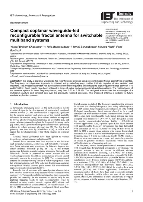 Pdf Compact Coplanar Waveguide Fed Reconfigurable Fractal Antenna For