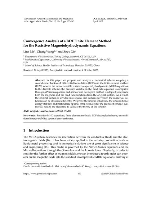 global science press convergence analysis of a bdf finite element