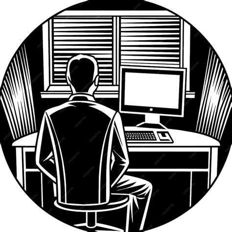 A Man Sits At A Desk In Front Of A Computer Monitor Premium Ai Generated Vector