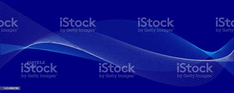 짙은 파란색 추상적 배경 흐르는 입자의 벡터 웨이브 움직임의 매력적인 점 기술 및 과학 테마 통풍이 잘되고 미래지향적인 일러스트레이션 3차원 형태에 대한 스톡 벡터 아트 및
