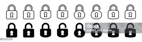 자물쇠 선 아이콘 아이콘 기호 컬렉션을 잠그고 잠금 해제합니다 잠금 및 잠금 해제 아이콘 집합입니다 흰색 배경에 보안 기호입니다 벡터 일러스트 레이 션 가상현실에 대한 스톡
