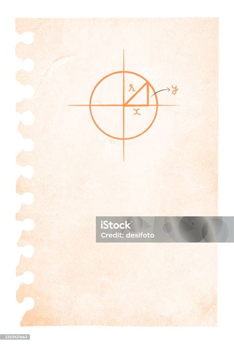크림 베이지 밝은 갈색 베이지 색의 수직 벡터 펀처에서 구멍이 있는 나선형 메모장에서 찢어진 구겨진 종이 페이지 좌표 축의 원점을 중심으로 한 원에 형성된 직각 삼각형 X