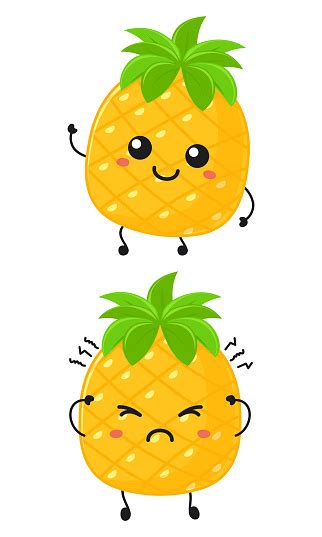 귀여운 슬프고 웃는 행복한 파인애플 과일 현대 만화 캐릭터 일러스트 아이콘 디자인 0명에 대한 스톡 벡터 아트 및 기타 이미지 0명 감정 건강한 생활방식 Istock
