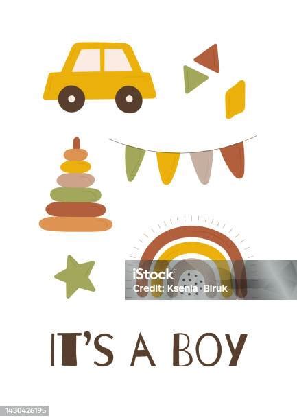 귀여운 인사말 카드 그것은 손으로 그린 스타일의 베이비 샤워와 성별 파티를위한 소년입니다 포스터 초대장 스크랩북에 대한 출산 컬렉션 아이에 대한 스톡 벡터 아트 및 기타