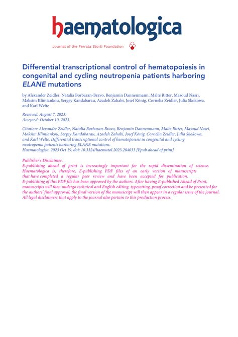 Pdf Differential Transcriptional Control Of Hematopoiesis In Congenital And Cycling