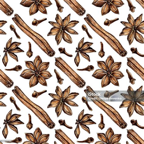 별 계피 스틱 및 정향과 향신료의 수채화 그림 패턴 계피 껍질과 향신료 꽃으로 매끄럽게 반복되는 프린트 구운 식품이나 커피의 향기로운 재료입니다 흰색에 절연되어 있습니다 0