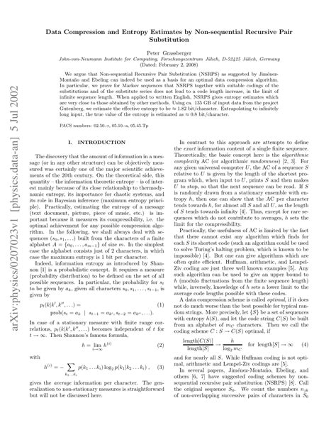 Pdf Data Compression And Entropy Estimates By Non Sequential