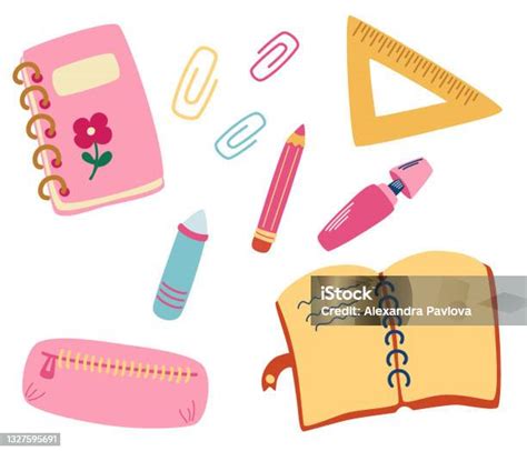 학교 용품 및 물품 사무 용품 메모장 책 연필 케이스 연필 종이 클립 통치자 마커 분필 교육을 위한 작업 공간을 위한 액세서리 학교로 돌아갑니다 벡터 일러스트레이션 가을에