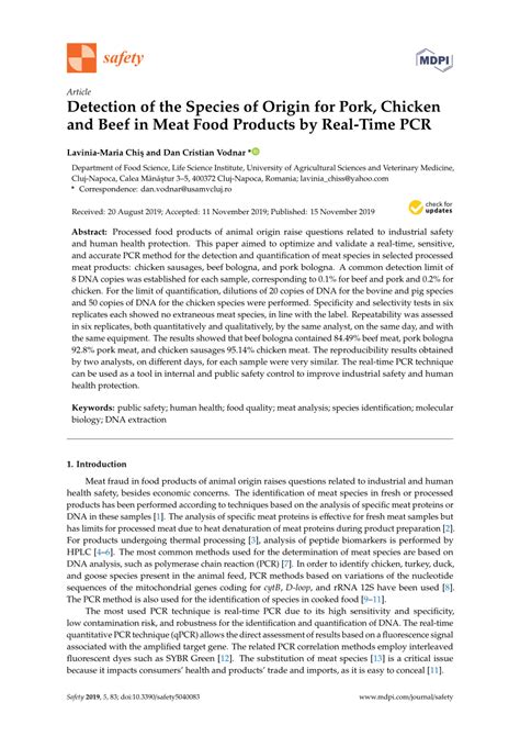 Pdf Detection Of The Species Of Origin For Pork Chicken And Beef In