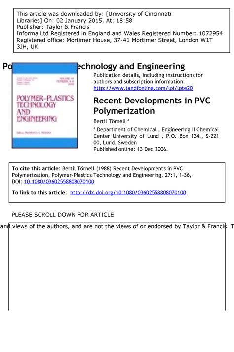 Recent Developments In Pvc Polymerization Of The Authors And Are Not