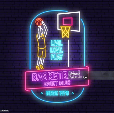 농구 클럽 네온 디자인입니다 벡터 셔츠 인쇄 우표 또는 티에 대 한 개념입니다 농구 선수와 농구 볼 실루엣 빈티지 타이포 그래피