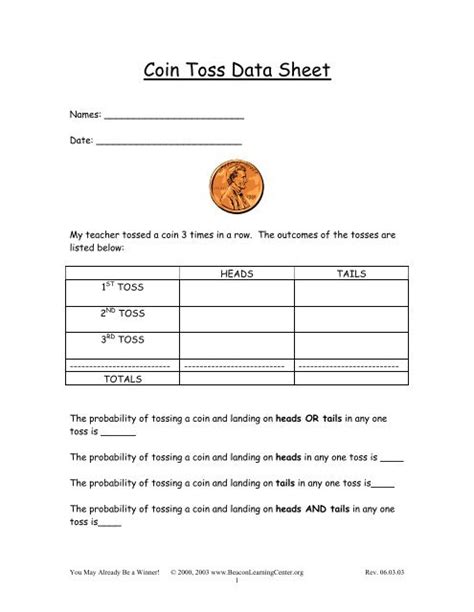 Coin Toss Data Sheet Beacon Learning Center