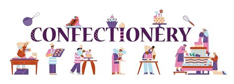 제과 벡터 포스터 문자 케이크 및 패스트리 만들기 과정 요리사 장식 과자 과자 개체 그룹에 대한 스톡 벡터 아트 및 기타 이미지