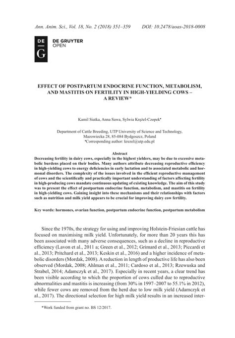 Pdf Effect Of Postpartum Endocrine Function Metabolism And Mastitis On Fertility In High