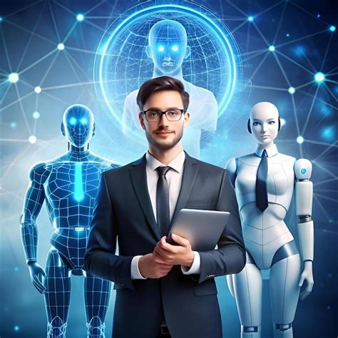 Human Resources Specialist Standing Between Two Ai Robots Representing The Future Of Recruiting