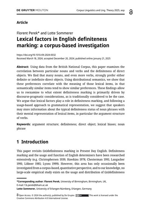 Pdf Lexical Factors In English Definiteness Marking A Corpus Based Investigation