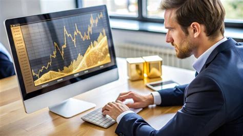 A Man Sits At A Desk With A Computer And A Graph Showing The Graph
