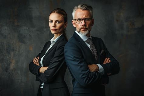 Premium Photo A Man And A Woman In Suits Stand In Front Of A Wall