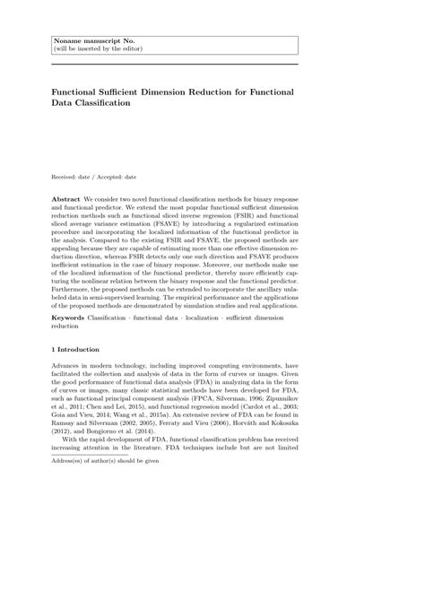 Pdf Functional Sufficient Dimension Reduction For Functional Data Classification