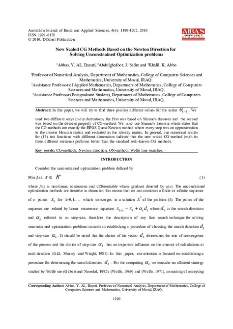Pdf New Scaled Cg Methods Based On The Newton Direction For Solving Unconstrained Optimization