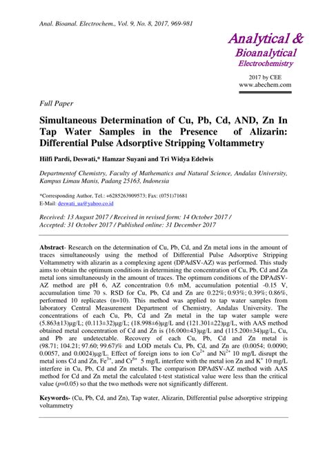 Pdf Simultaneous Determination Of Cu Pb Cd And Zn In Tap Water Samples In The Presence Of