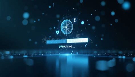 Blue Updating Screen With Progress Bar And Abstract Digital Elements And Reflection Effect Below Blue Updating Screen With Progress Bar And Abstract Digital Elements And Reflection Effect Below
